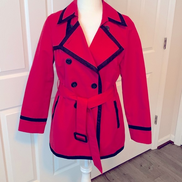 Harold's | Jackets & Coats | Red Belted Trench Coat Red With Black Trim ...